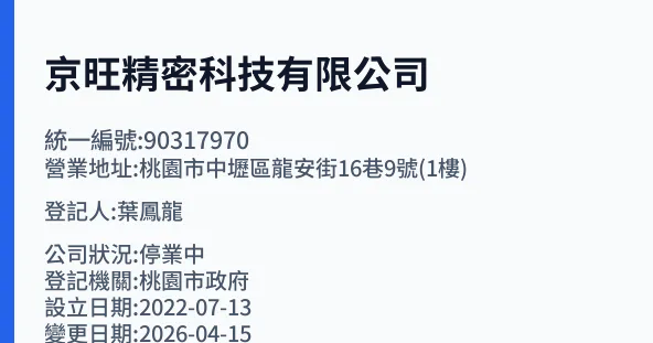 京旺精密科技有限公司的照片-統編 90317970(桃園市) 公司登記資料與營業項目詳細圖表