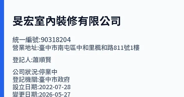 旻宏室內裝修有限公司的照片-統編 90318204(臺中市) 公司登記資料與營業項目詳細圖表