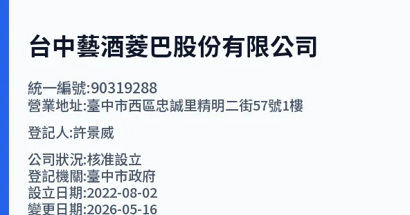台中藝酒菱巴股份有限公司的照片-統編 90319288(臺中市) 公司登記資料與營業項目詳細圖表
