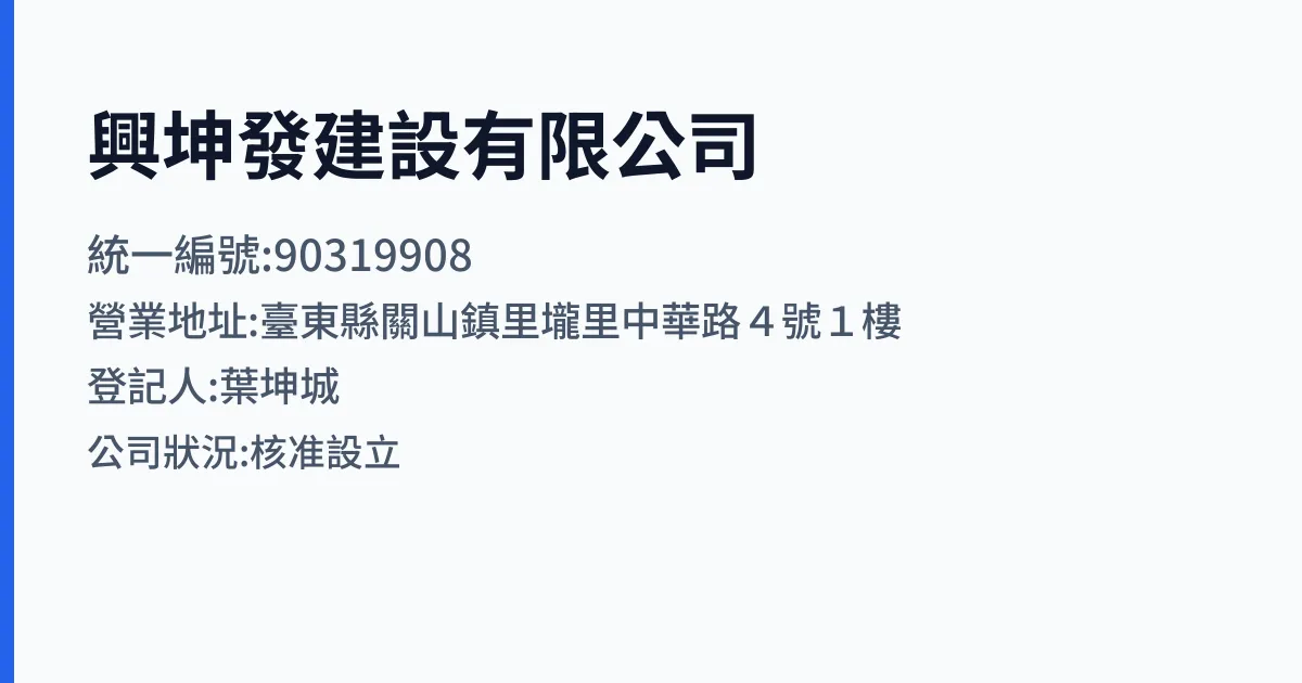 興坤發建設有限公司 - 統編 90319908(臺東縣) 公司登記資料與營業項目詳細圖表
