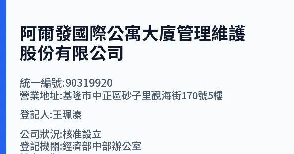阿爾發國際公寓大廈管理維護股份有限公司的照片-統編 90319920(基隆市) 公司登記資料與營業項目詳細圖表