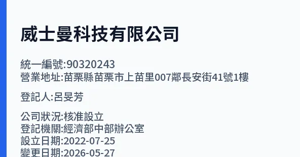 威士曼科技有限公司的照片-統編 90320243(苗栗縣) 公司登記資料與營業項目詳細圖表