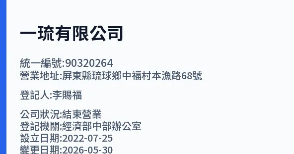 一琉有限公司的照片-統編 90320264(屏東縣) 公司登記資料與營業項目詳細圖表