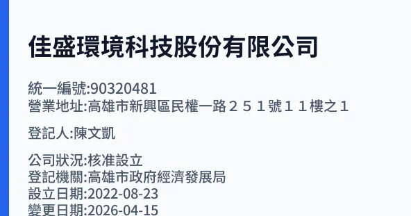 佳盛環境科技股份有限公司的照片-統編 90320481(高雄市) 公司登記資料與營業項目詳細圖表
