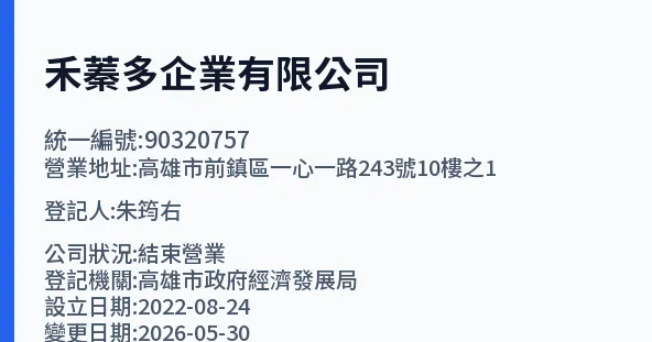 禾蓁多企業有限公司的照片-統編 90320757(高雄市) 公司登記資料與營業項目詳細圖表