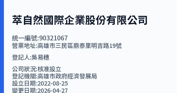 萃自然國際企業股份有限公司的照片-統編 90321067(高雄市) 公司登記資料與營業項目詳細圖表