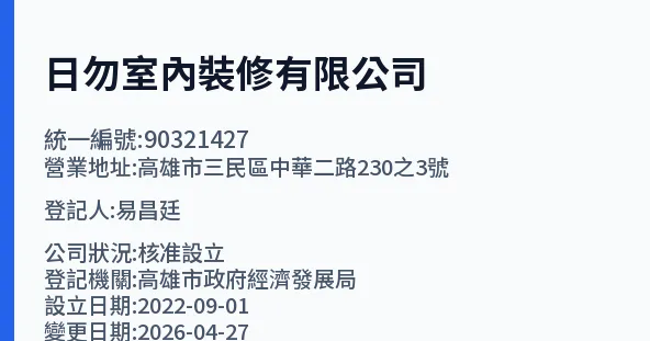 日勿室內裝修有限公司的照片-統編 90321427(高雄市) 公司登記資料與營業項目詳細圖表