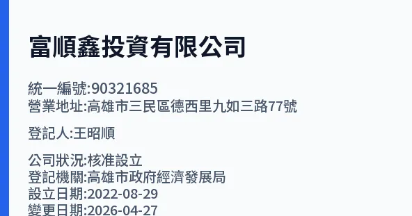 富順鑫投資有限公司的照片-統編 90321685(高雄市) 公司登記資料與營業項目詳細圖表