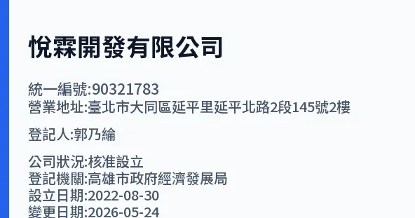 悅霖開發有限公司的照片-統編 90321783(臺北市) 公司登記資料與營業項目詳細圖表