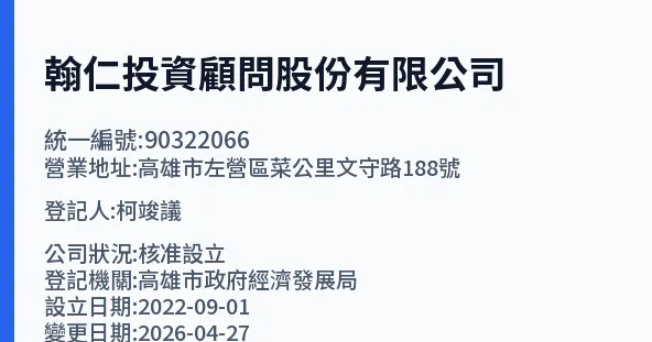 翰仁投資顧問股份有限公司的照片-統編 90322066(高雄市) 公司登記資料與營業項目詳細圖表