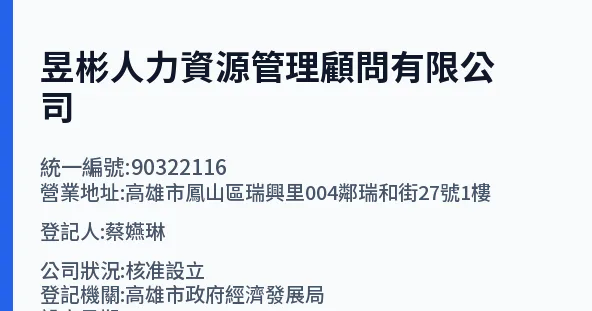 昱彬人力資源管理顧問有限公司的照片-統編 90322116(高雄市) 公司登記資料與營業項目詳細圖表
