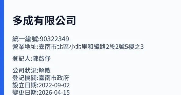 多成有限公司的照片-統編 90322349(臺南市) 公司登記資料與營業項目詳細圖表