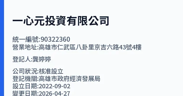 一心元投資有限公司的照片-統編 90322360(高雄市) 公司登記資料與營業項目詳細圖表