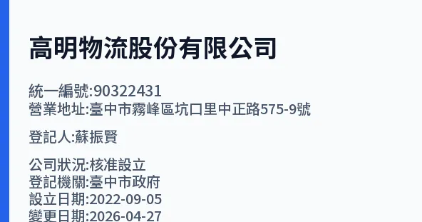 高明物流股份有限公司的照片-統編 90322431(臺中市) 公司登記資料與營業項目詳細圖表