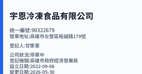 宇恩冷凍食品有限公司的照片-統編 90322679(高雄市) 公司登記資料與營業項目詳細圖表