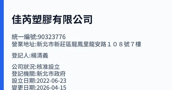 佳芮塑膠有限公司的照片-統編 90323776(新北市) 公司登記資料與營業項目詳細圖表