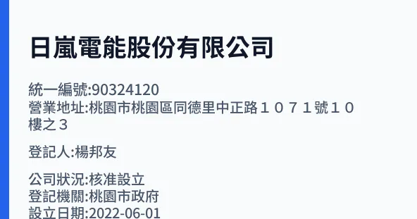 日嵐電能股份有限公司的照片-統編 90324120(桃園市) 公司登記資料與營業項目詳細圖表