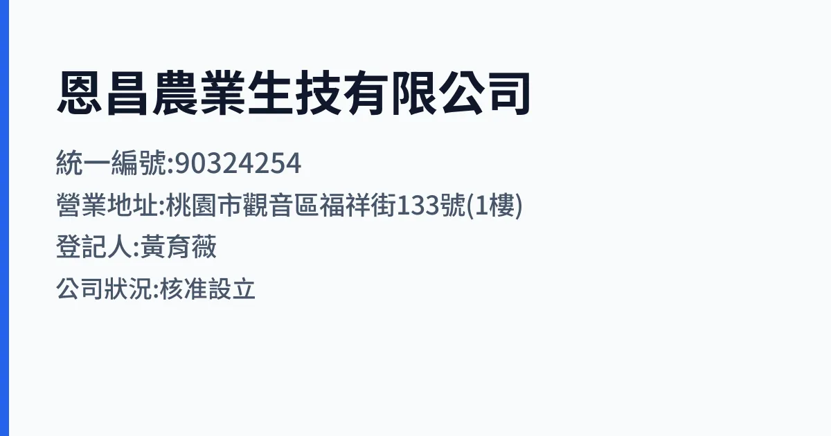 恩昌農業生技有限公司 - 統編 90324254(桃園市) 公司登記資料與營業項目詳細圖表