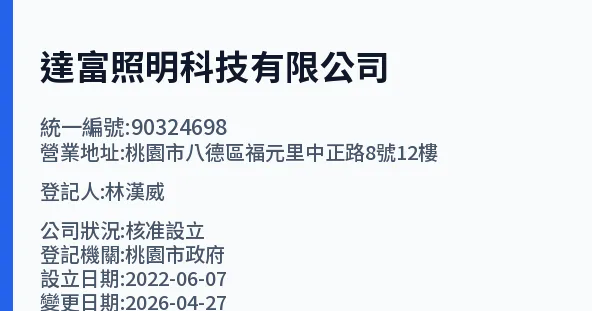 達富照明科技有限公司的照片-統編 90324698(桃園市) 公司登記資料與營業項目詳細圖表