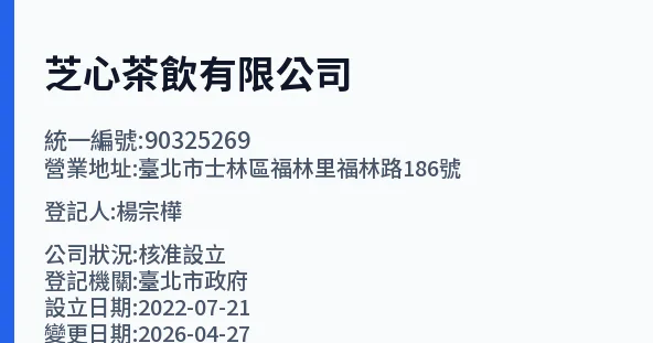 芝心茶飲有限公司的照片-統編 90325269(臺北市) 公司登記資料與營業項目詳細圖表