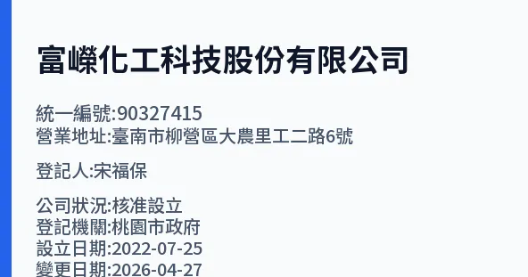 富嶸化工科技股份有限公司的照片-統編 90327415(臺南市) 公司登記資料與營業項目詳細圖表
