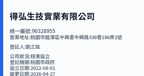 得弘生技實業有限公司的照片-統編 90328955(桃園市) 公司登記資料與營業項目詳細圖表