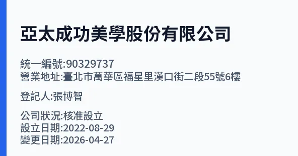 亞太成功美學股份有限公司的照片-統編 90329737(臺北市) 公司登記資料與營業項目詳細圖表