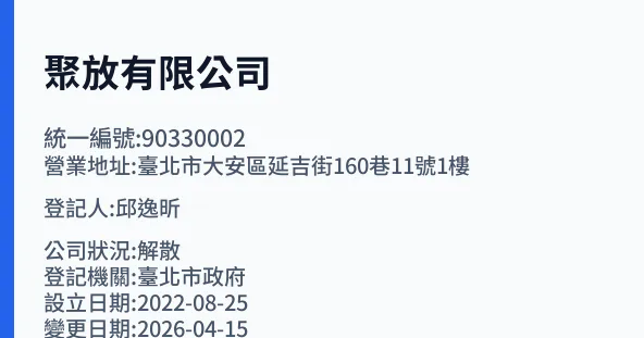 聚放有限公司的照片-統編 90330002(臺北市) 公司登記資料與營業項目詳細圖表
