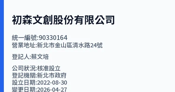 初森文創股份有限公司的照片-統編 90330164(新北市) 公司登記資料與營業項目詳細圖表