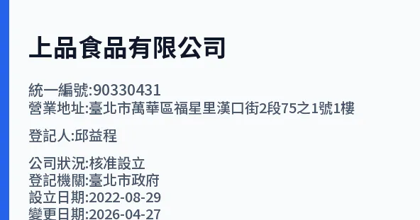 上品食品有限公司的照片-統編 90330431(臺北市) 公司登記資料與營業項目詳細圖表