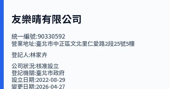 友樂晴有限公司的照片-統編 90330592(臺北市) 公司登記資料與營業項目詳細圖表