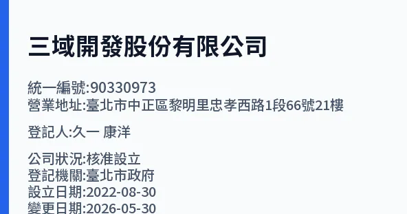 三域開發股份有限公司的照片-統編 90330973(臺北市) 公司登記資料與營業項目詳細圖表