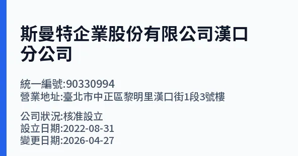 斯曼特企業股份有限公司漢口分公司的照片-統編 90330994(臺北市) 公司登記資料與營業項目詳細圖表
