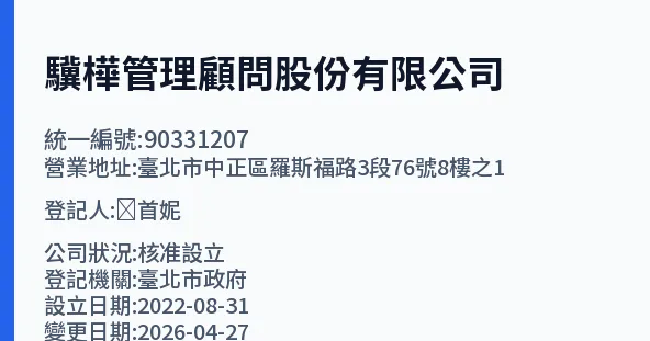 驥樺管理顧問股份有限公司的照片-統編 90331207(臺北市) 公司登記資料與營業項目詳細圖表