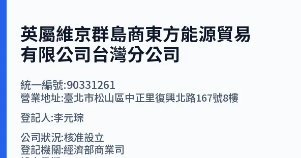 英屬維京群島商東方能源貿易有限公司台灣分公司的照片-統編 90331261(臺北市) 公司登記資料與營業項目詳細圖表