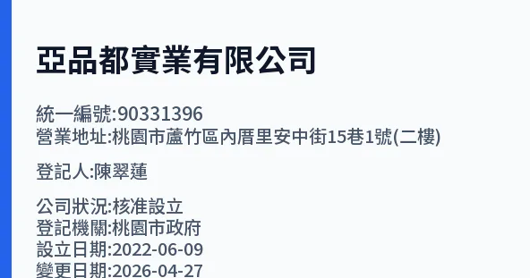 亞品都實業有限公司的照片-統編 90331396(桃園市) 公司登記資料與營業項目詳細圖表