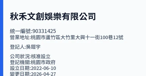 秋禾文創娛樂有限公司的照片-統編 90331425(桃園市) 公司登記資料與營業項目詳細圖表