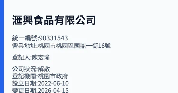 滙興食品有限公司的照片-統編 90331543(桃園市) 公司登記資料與營業項目詳細圖表
