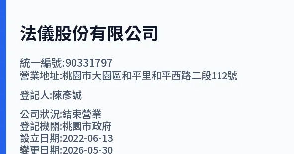 法儀股份有限公司的照片-統編 90331797(桃園市) 公司登記資料與營業項目詳細圖表