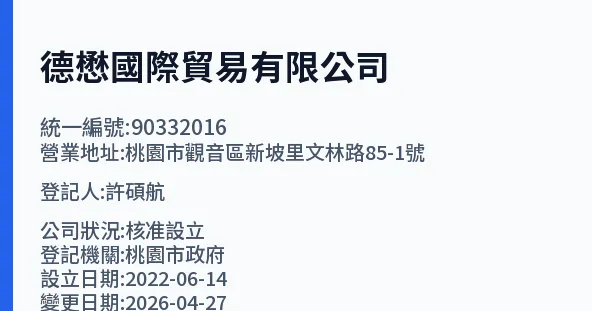 德懋國際貿易有限公司的照片-統編 90332016(桃園市) 公司登記資料與營業項目詳細圖表