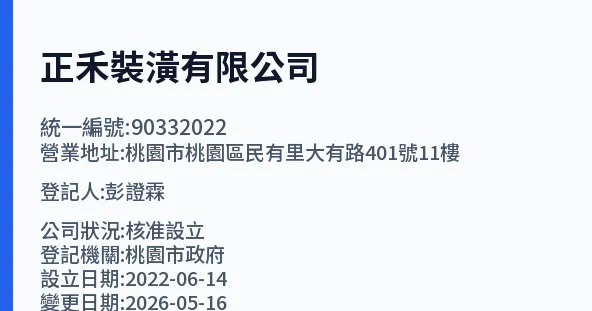 正禾裝潢有限公司的照片-統編 90332022(桃園市) 公司登記資料與營業項目詳細圖表