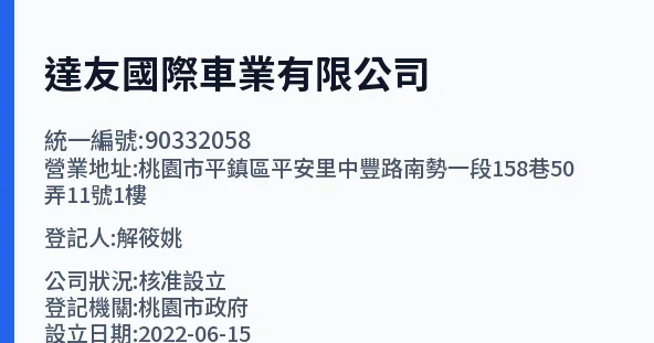 達友國際車業有限公司的照片-統編 90332058(桃園市) 公司登記資料與營業項目詳細圖表