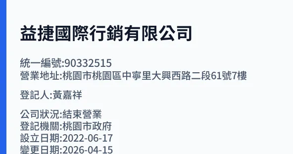 益捷國際行銷有限公司的照片-統編 90332515(桃園市) 公司登記資料與營業項目詳細圖表