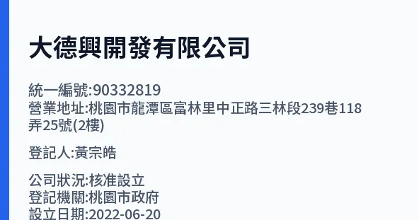 大德興開發有限公司的照片-統編 90332819(桃園市) 公司登記資料與營業項目詳細圖表