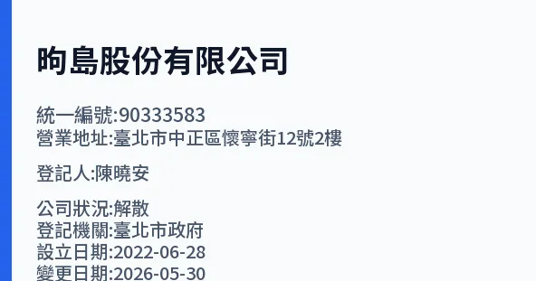 昫島股份有限公司的照片-統編 90333583(臺北市) 公司登記資料與營業項目詳細圖表