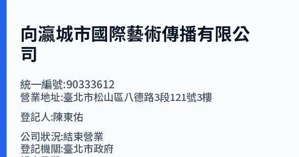 向瀛城市國際藝術傳播有限公司的照片-統編 90333612(臺北市) 公司登記資料與營業項目詳細圖表