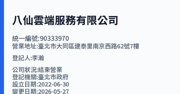 八仙雲端服務有限公司的照片-統編 90333970(臺北市) 公司登記資料與營業項目詳細圖表