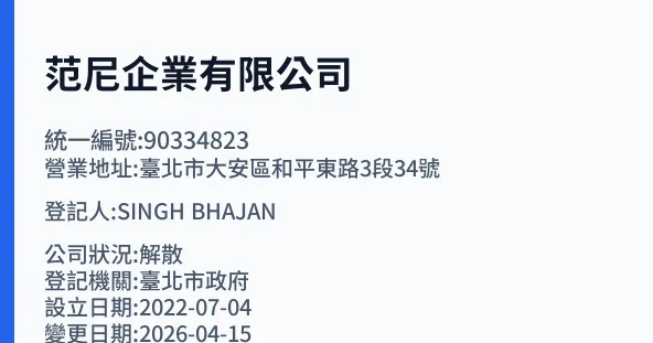 范尼企業有限公司的照片-統編 90334823(臺北市) 公司登記資料與營業項目詳細圖表