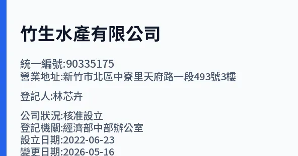 竹生水產有限公司的照片-統編 90335175(新竹市) 公司登記資料與營業項目詳細圖表