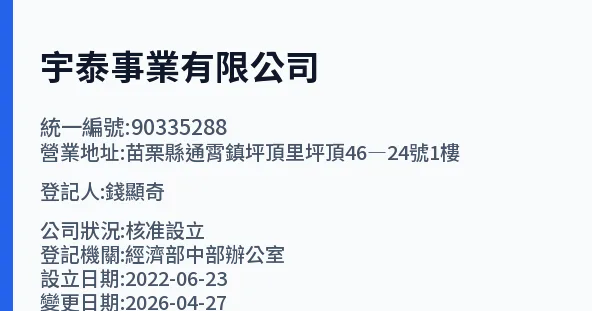 宇泰事業有限公司的照片-統編 90335288(苗栗縣) 公司登記資料與營業項目詳細圖表